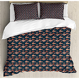 Ambesonne Marine Duvet Cover Sets, Image of Submarines and Zeppelins in Continuous Nostalgic Pattern Nautical, Bedding Set with 2 Duvet Covers 4 Pillowcases, 2 Pack Cal King Size, Salmon and Dark Blue