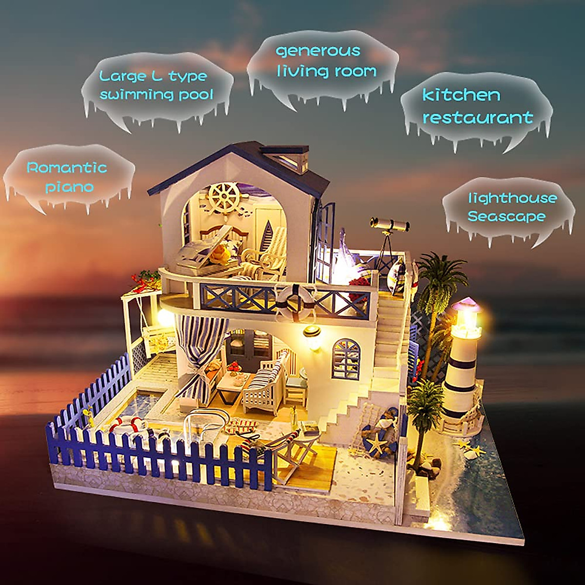 Yuzhen DIY Miniature Dollhouse Kit with Furniture and LED Lights, Modern Wooden Villa Model Includes Dustcover and Music Box, Creative Gift for Adults and Kids