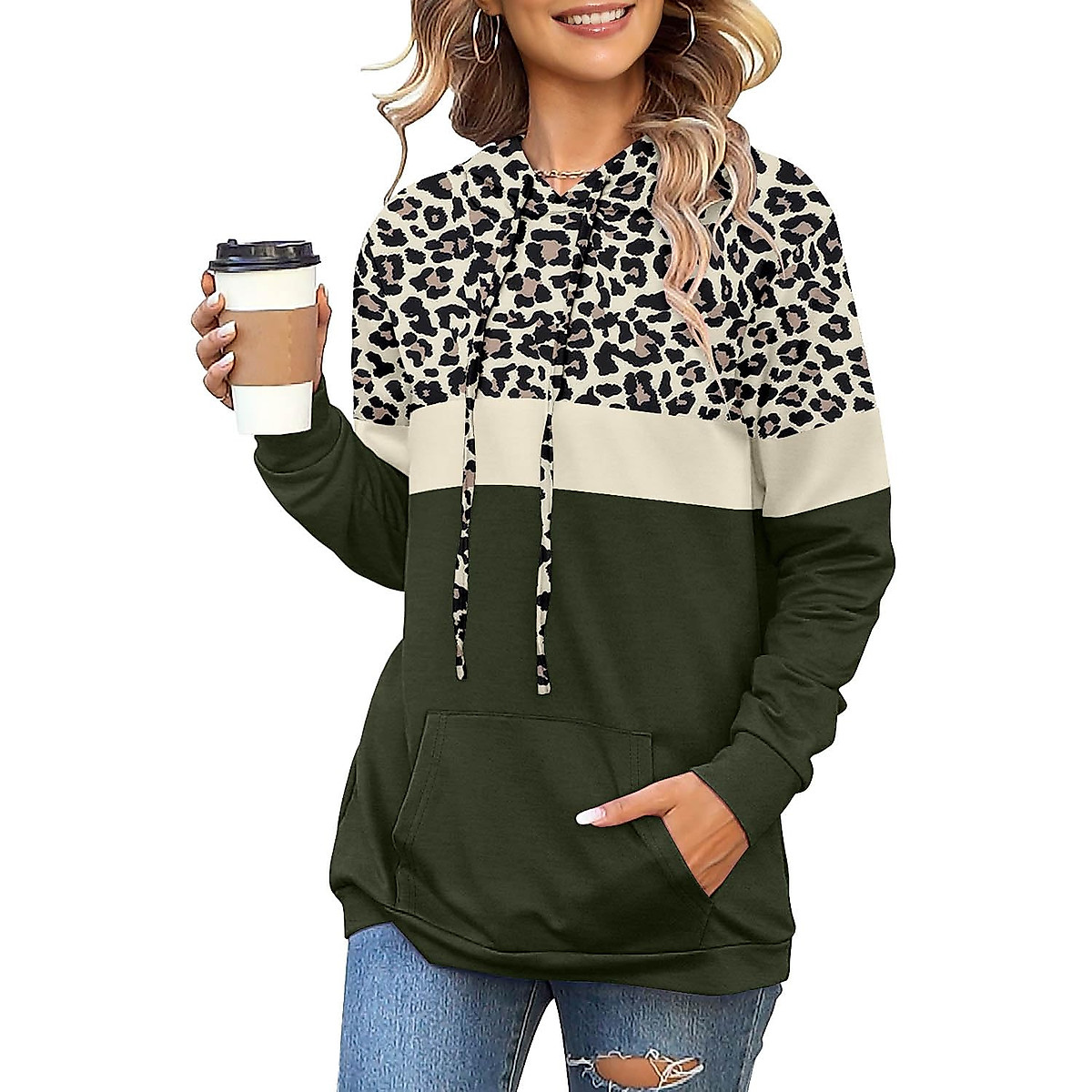 Leopard Print Hoodies for Women Long Sleeve Cheetah Shirts Color Block Fall Tops Drawstring Pullover Sweatshirt L