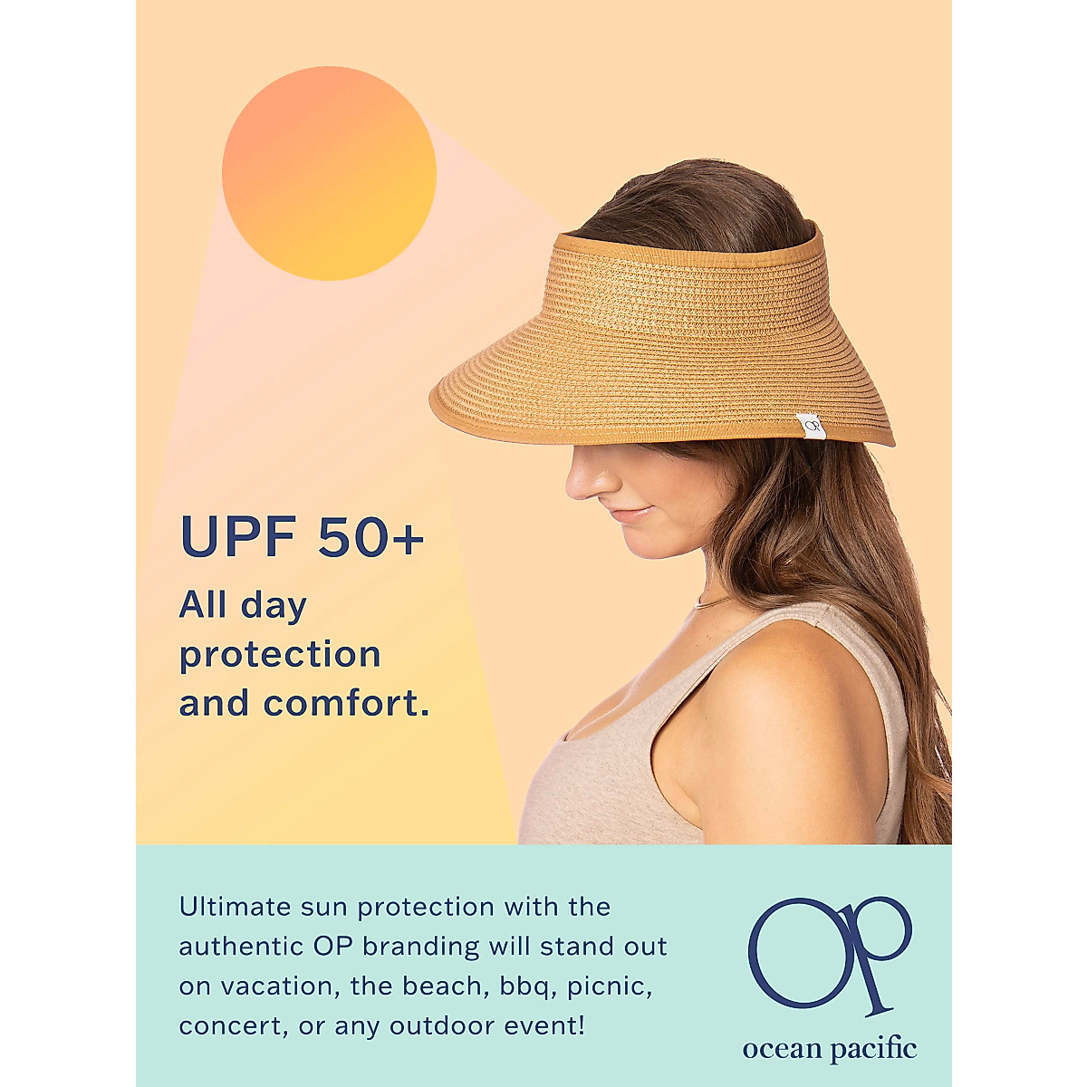 Ocean Pacific Beach Roll Up Straw Sun Hat Visor for Women, Sun Protection UPF 50 (Natural)