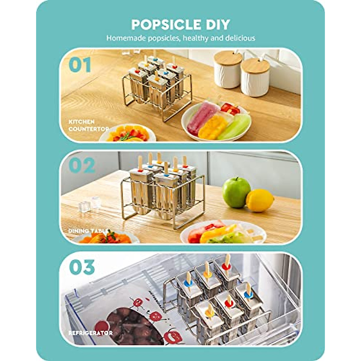 Baffect Metal Popsicle Moulds, Set of 6 Round Head Stainless Steel Ice Lolly Molds with Holder, Fast Freezing Ice Cream Makers with Lollipop Sticks and Bags