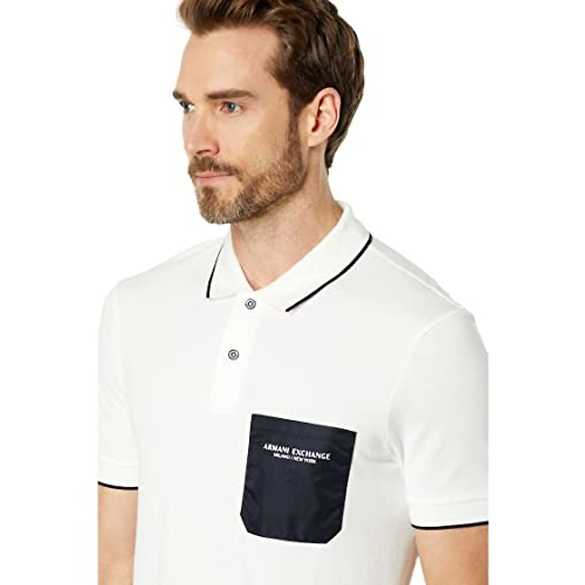 A|X ARMANI EXCHANGE Men's Nylon Logo Pocket Polo Shirt, Off White/Deep Navy, XL