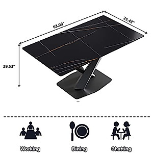 Rectangle Kitchen & Dining Table, Modern Dining Table, X-Shape Pedestal Table with Durable Sintered Stone Top for Home/Office/Conference/Apartment, 63" x 35.43", Black Tabletop Black Base