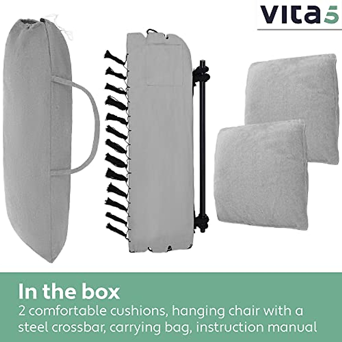 VITA5 Hanging Chair Outdoor & Indoor- Sturdy & Safe Hammock Chair - Stylish Boho Hanging Chair for Bedroom Decor - Easy to Assemble Hammock Swing - Comfy Padded Hanging Swing - Swinging Chair