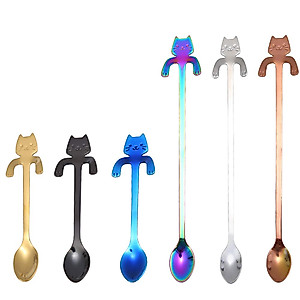 6 PCS Cat Spoon Coffee Tea spoon Set, ESRISE Stainless Steel Hanging Cup Teaspoons Demitasse Mini Long Cute Kitten Stirring Spoon for Dessert Drink Mixing Milkshake (Multi)