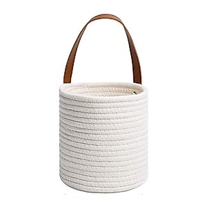 Cotton Rope Basket with Handle for Baby Laundry Basket Toy Storage Blanket Storage Hanging Basket Round Multi-Purpose Woven Wall Rope Basket for Home White S