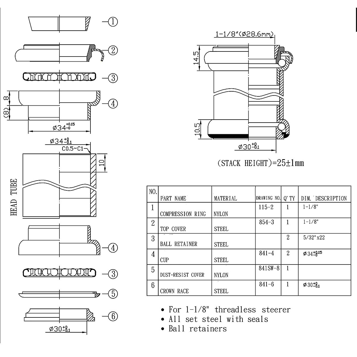 Neco 1-1/8" External Cup Threadless Headsets Steel Ahead Headset Black for Mountain Bikes & All Terrain Bikes