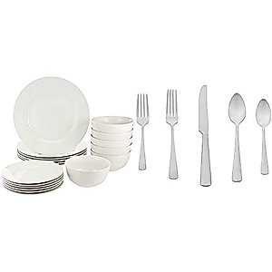 Amazon Basics 18-Piece Kitchen Dinnerware Set, Plates, Dishes, Bowls, Service for 6 - White & 20-Piece Stainless Steel Flatware Set with Square Edge, Service for 4