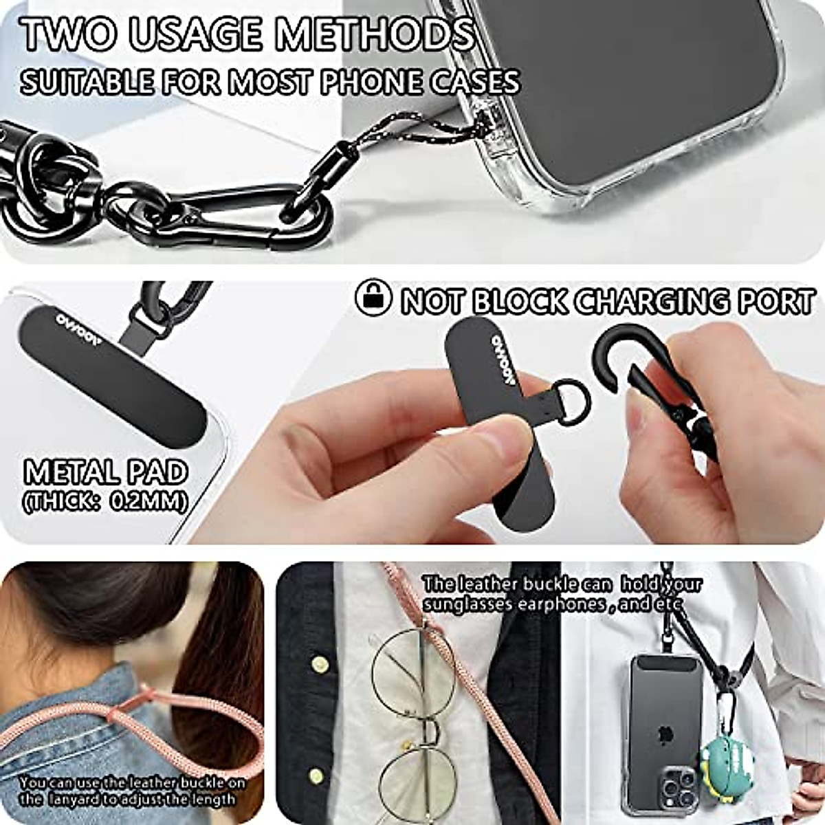 Cell Phone Lanyard, Universal Adjustable Detachable Nylon Crossbody Lanyard,Necklace Lanyard & Wrist Strap with Phone Patch for All Smartphones-7mm Thick (Black, 120cm)