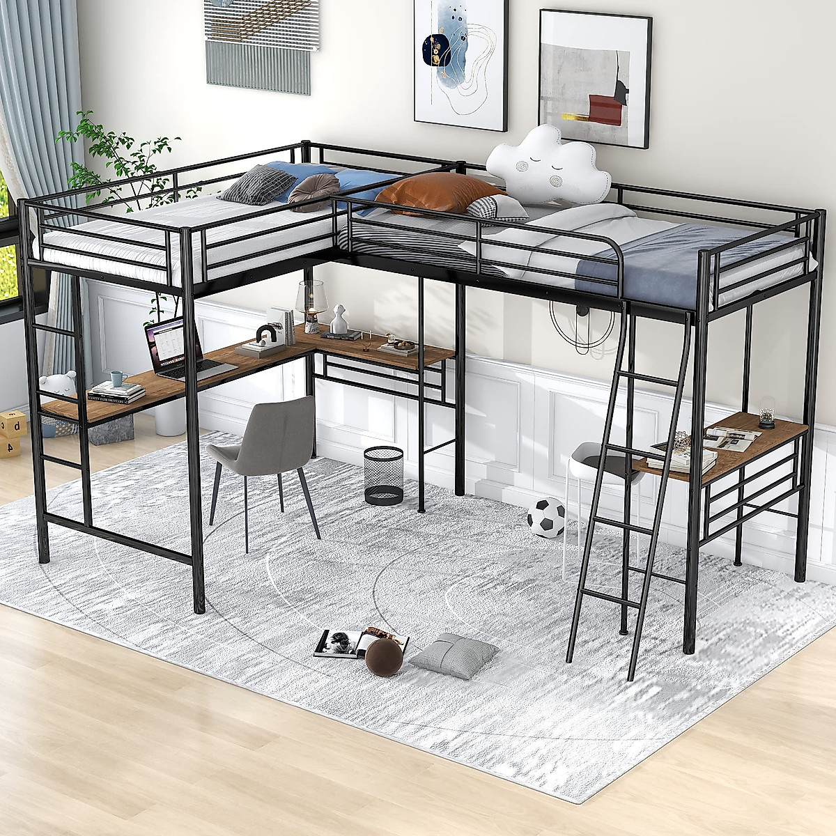 Quarte Simple Metal L-Shaped Loft Bed with Two Built-in Desks,Guardrails and Ladders,for Family Kids Teens,No Box Spring Needed