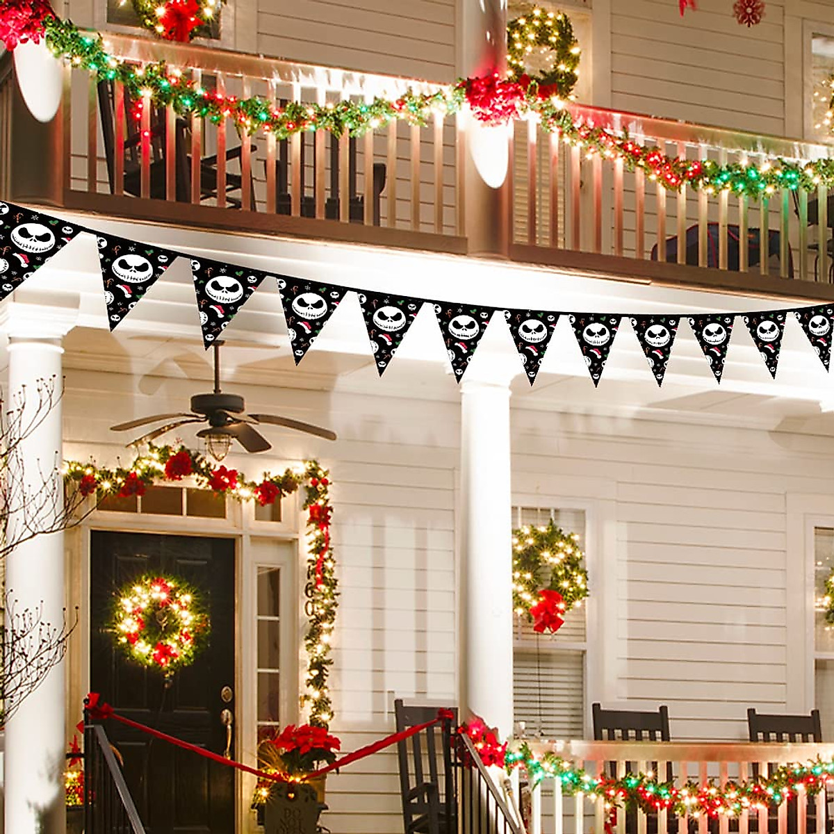 Christmas Bunting Banner Jack Skellington Triangle String Bunting Garland for Christmas Decorations Nightmare Before Christmas Flags Jack Skull Pennants for Halloween Indoor Outdoor Garden Decors
