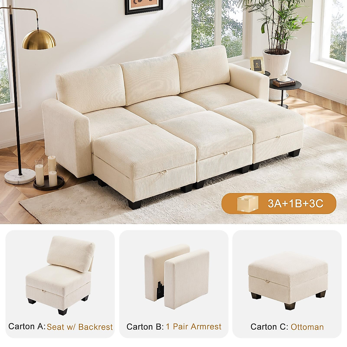 ABCASA Modular Sectional Sofa with Storage Chaises,Modular Sleeper Sofa Couch 6 Seat Sectional Sofa Bed Couch for Living Room,Apartment,Corduroy,Ivory