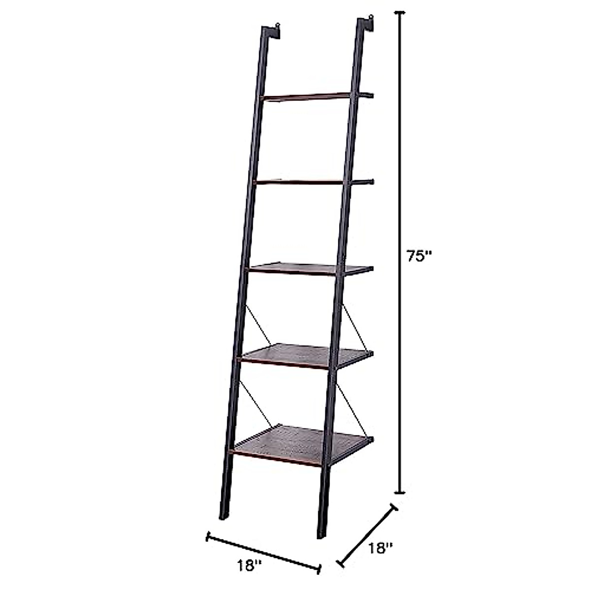 RAAMZO 5-Tier Industrial Leaning Ladder Wall Bookshelf Bookcase Display Storage Rack Accent in Walnut Finish and Black Frame - 75-inch Height