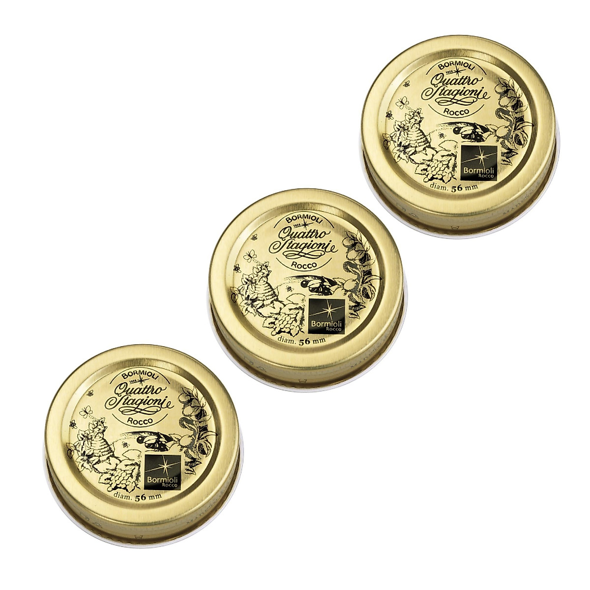 Bormioli Rocco naaa Rocco 2-1/4", 56mm Quattro Stagioni, 3 Pack of 56 mm Lids, Gold