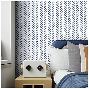 HAOKHOME Boho Peel and Stick Wallpaper Stripe Removable Navy/White Chevron Vinyl Contact Paper Mural for Home Decor 17.7in x 9.8ft