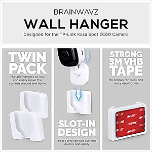 Wall Mount for Kasa KC100, KC105, EC60 (2 Pack), Adhesive Holder for TP Link Smart Spot Camera, Installs in Minutes, No Mess Hanger Bracket by Brainwavz (White)