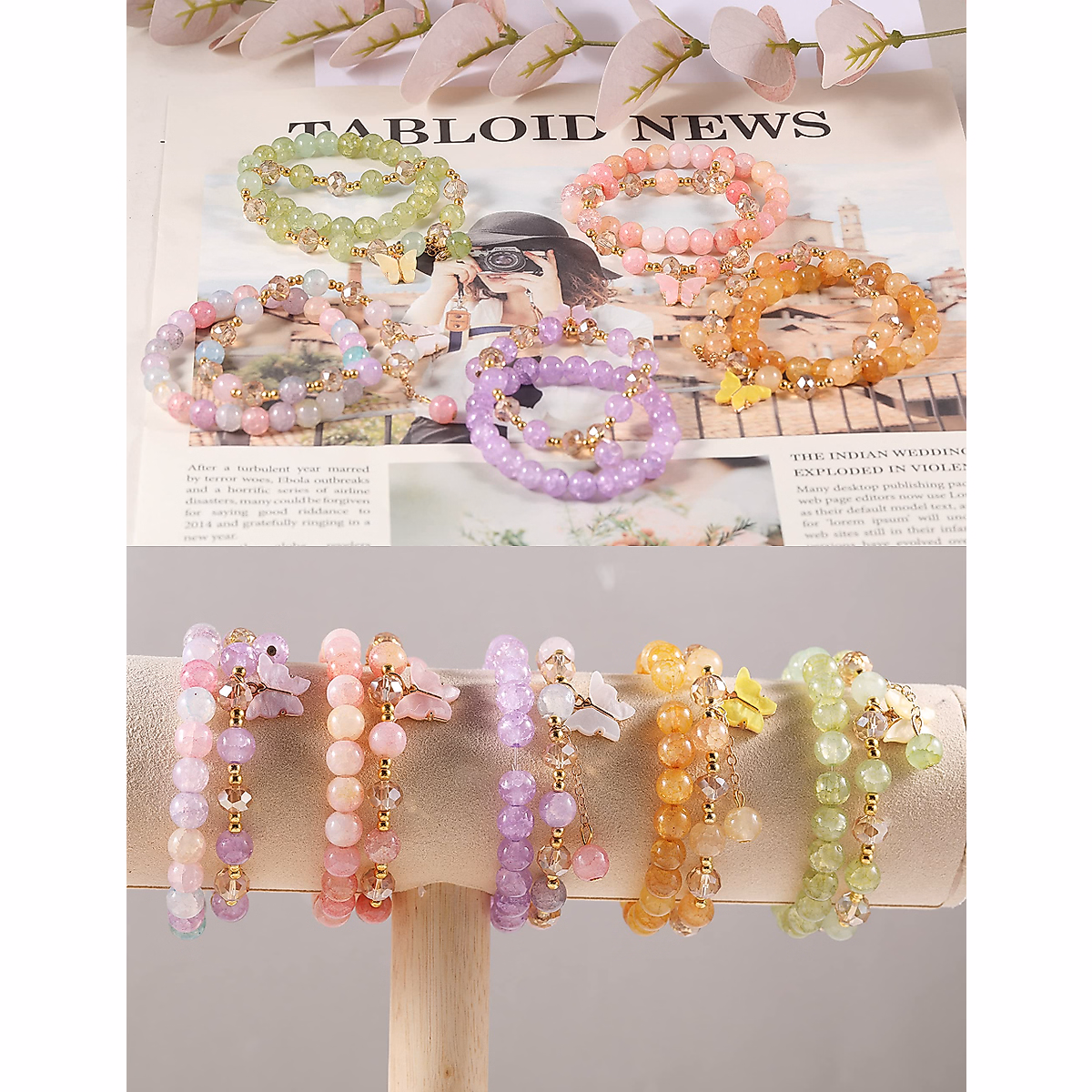 PIPITREE 10Pcs Beaded Crystal Bracelets for Women, Bohemian Stackable Bead Bracelets with Butterfly Charm Multilayered Bracelet Pack Handmade Jewelry