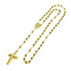 metaltree98 14k Gold Plated 6mm Bead Guadalupe & Jesus Cross 28" Rosary Necklace HR 600 G