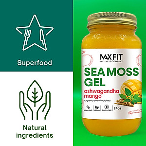 Sea Moss Gel Organic Ashwagandha Mango (25 Flavors) 24oz Wildсrafted Gold Sea Moss Gel from Saint Lucia | 92 Vitamins and Minerals | Pure Raw+Non-GMO