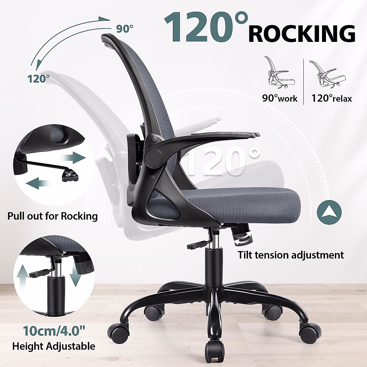Winrise Office Chair Ergonomic Desk Chairs with Lumbar Support and Flip-up Arms, Comfortable Breathable Mesh Computer Executive Chair with Swivel Task, Adjustable Height 4'', Home, Bedroom - Dark Gray