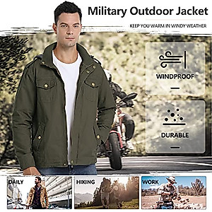 Men's Military Jacket Casual Cotton Lightweight Windbreaker with Removable Hood (Large, Army Green)