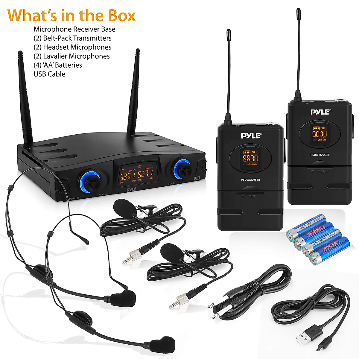 Pyle Compact UHF Wireless Microphone System-Pro Portable Dual Channel Desktop Digital Set w/ 2 Belt-Pack Transmitter, Receiver, 2 Headset, Lavalier Mics, XLR, for Home, PA (PDWM2958B.5)