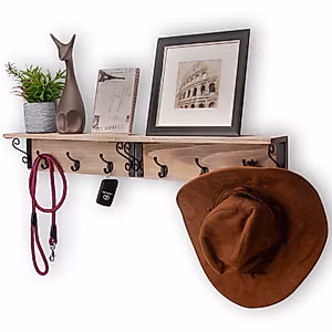 Spiretro Wall-Mounted Coat Hook Rack with Shelf - Set of 2 - Rustic Wood Grey - Entryway Mudroom Bathroom Organizer