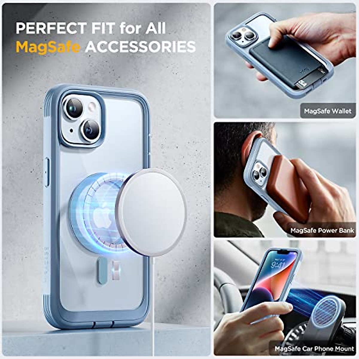 Miracase Magnetic iPhone 14/13 Case with Magsafe, Full-Body Bumper, Anti-Fingerprint 9H Tempered Glass, Dust Port - Blue