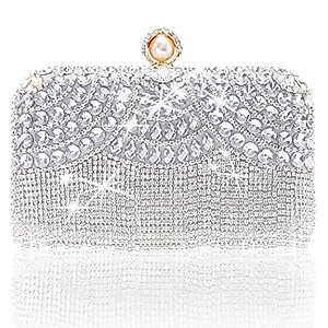 Yokawe Women's Crystals Evening Bag Bling Rhinestone Clutch Purses Tassel Crossbody Bags Bride Wedding Party Prom Handbags (Silver)