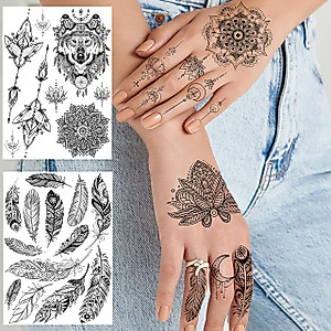 COKTAK 6 Pieces/Lot Unique Black Henna Temporary Tattoo Stickers For Adults Women Girls Feather Mandala Flower Body Art Large Big Arm Tattoos Sheet Lace Indian Mehndi Sexy Wedding Tatoos OWL