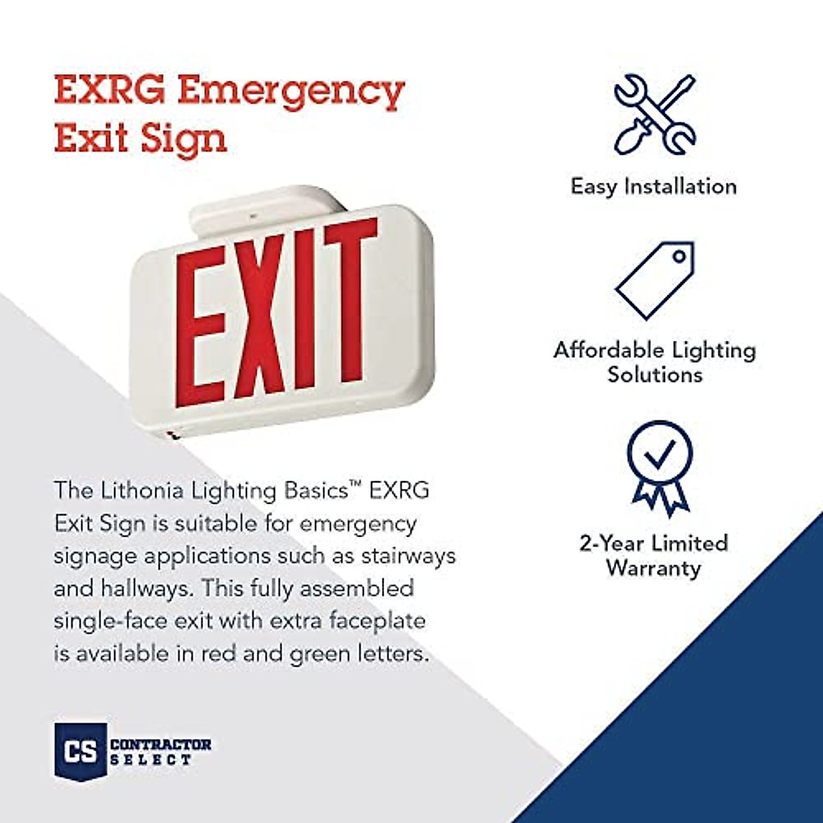 Lithonia Lighting EXRG EL M6 Contractor Select Lighting Basics Thermoplastic LED Exit Light, Switchable Red/Green, Ni-MH Backup Battery, White