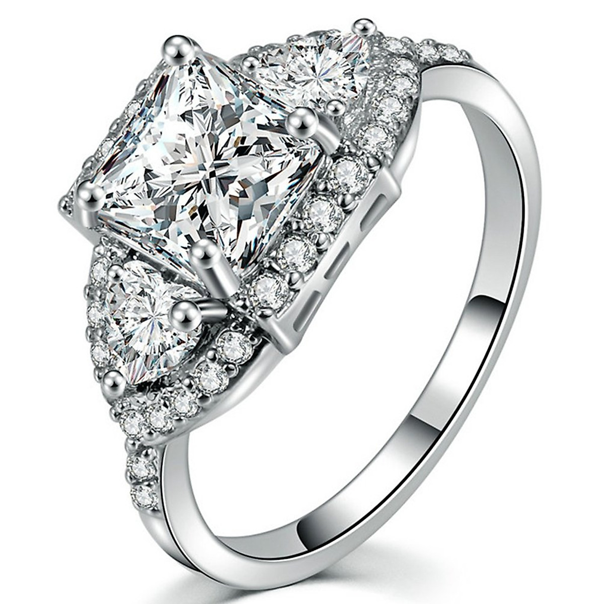 FENDINA Womens 18K White Gold Plated 3 Stone CZ Crystal Eternity Promise Ring Engagement Wedding Bands, Size 6