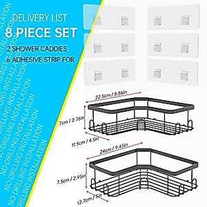 2 Pack Adhesive Corner Shower Caddy, Bathroom Shower Shelf with 20 Hooks, No Drilling Rustproof Stainless Steel Large Capacity Suction Cup Shower Shelves Organizer for Toilet & Kitchen Storage, Black