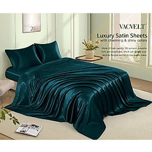 VACVELT 4pcs Dark Teal Satin Sheets Full Size Bed Set, 15 Inch Deep Pocket Silky Satin Sheet Set, Soft Satin Bedding Set Cooling & Luxury Bed Sheets, 1 Fitted Sheet + 1 Flat Sheet + 2 Pillowcases