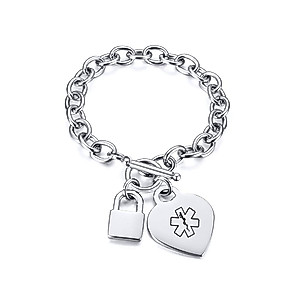 MEALGUET Custom Engraving Stylish Women Medical Alert Bracelet Stainless Steel Lock Heart Charm Link Medical ID Bracelet Toggle & T bar Clasps