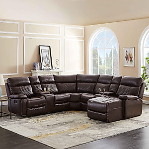 Tulib L Shape Manual Sectional Sofa with 4 Cup Holders and Storage Box, PU Leather Symmertrical Reclining Couch w/Console & Chaise, 5 Seater Furniture Set, for Theater, Living Room, Guestroom, Brown