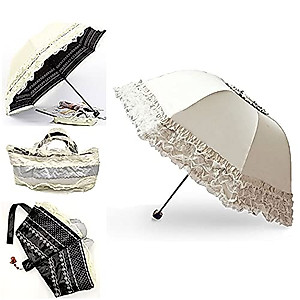 WANLIAN Princess Lace Ultraviolet-Proof Triple Folding Umbrella Dome used for ParasolDecorations Photoshoot Props.（Rice white）