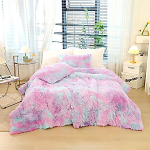 Roscloud Faux Fur Kids Girls Purple Rainbow Comforter Sets Twin/Full - 3PC Bed Set Warm Comfortable Soft Plush Flannel Velvet Fluffy Fuzzy Bedding（Comforter x 1 Pillowcases x 2）