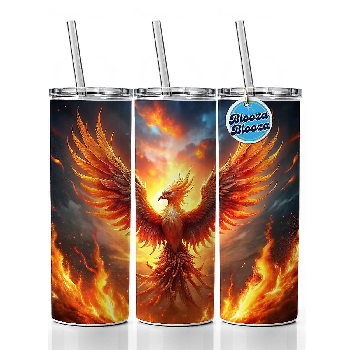 Flaming Phoenix Rising From Ashes Fantasy Bird Skinny Tumbler 20oz with Straw Insulated Water Bottle Gift