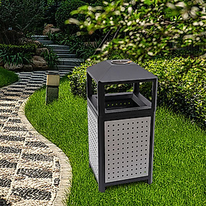 Oiveinya Industrial Waste Container,Stainless Steel Galvanized Heavy Duty Trash Can with Lid and Ashtray,Large Square Trash Can for Industrial Mall Kitchen Restaurants Indoor Outdoor (15 Gallons)