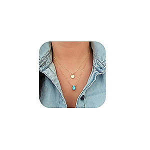 Jovono Boho Turquoise Necklaces Gold Sequin Pendant Necklace Chain Layered Necklace Jewelry for Women