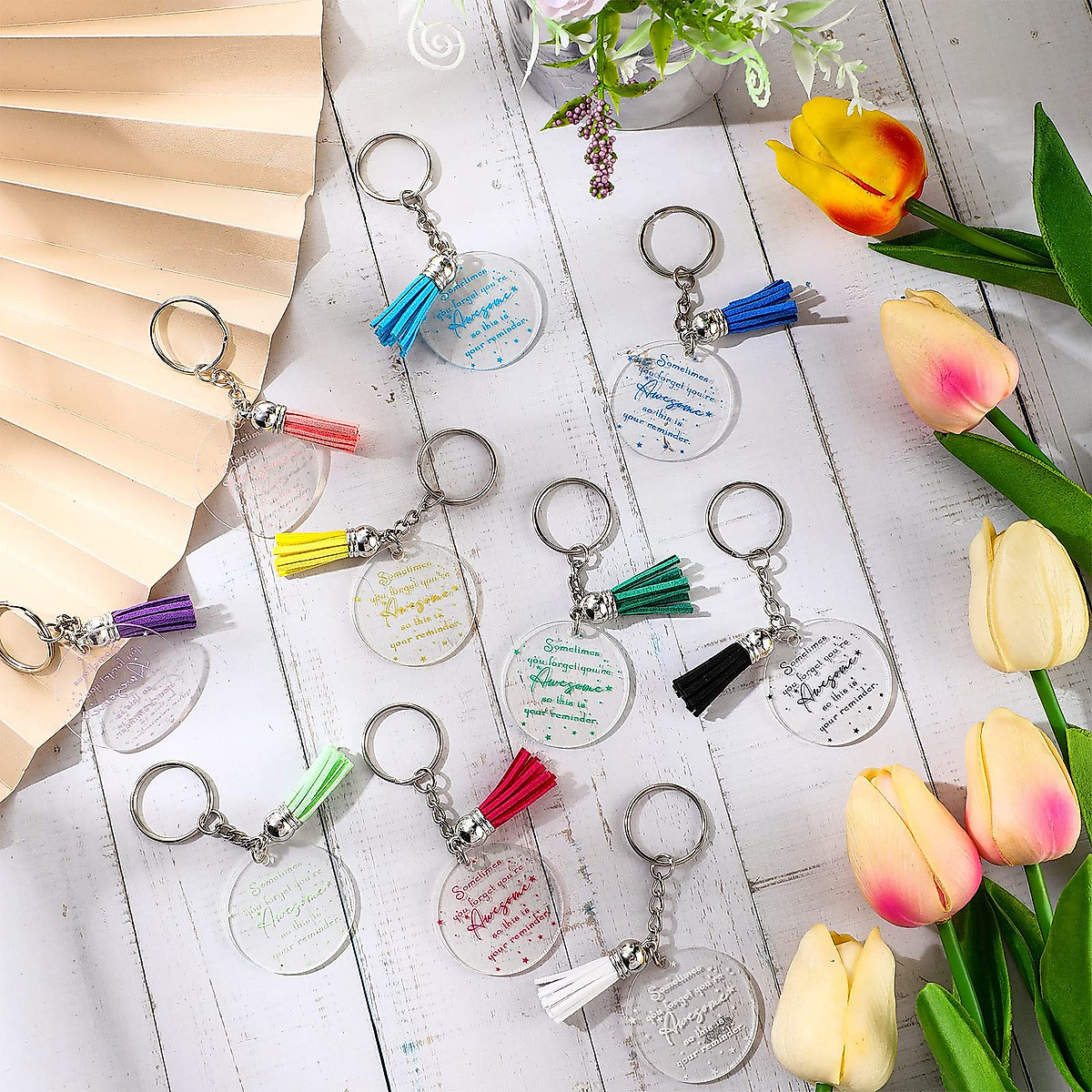 Unittype 50 Pcs Inspirational Keychains Bulk with Tassels You're Awesome Sign Reminder Keychain for Girl Women Teacher Coworker (Classic Tassel)
