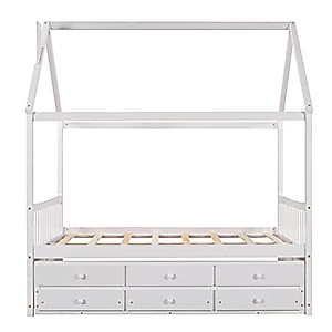 BIADNBZ Full Size House Platform Bed with Trundle and 3 Storage Drawers, Solid Wood Bedframe for Kids Teens w/Wooden Slats Support, No Box Spring Needed, Easy Assembly, White