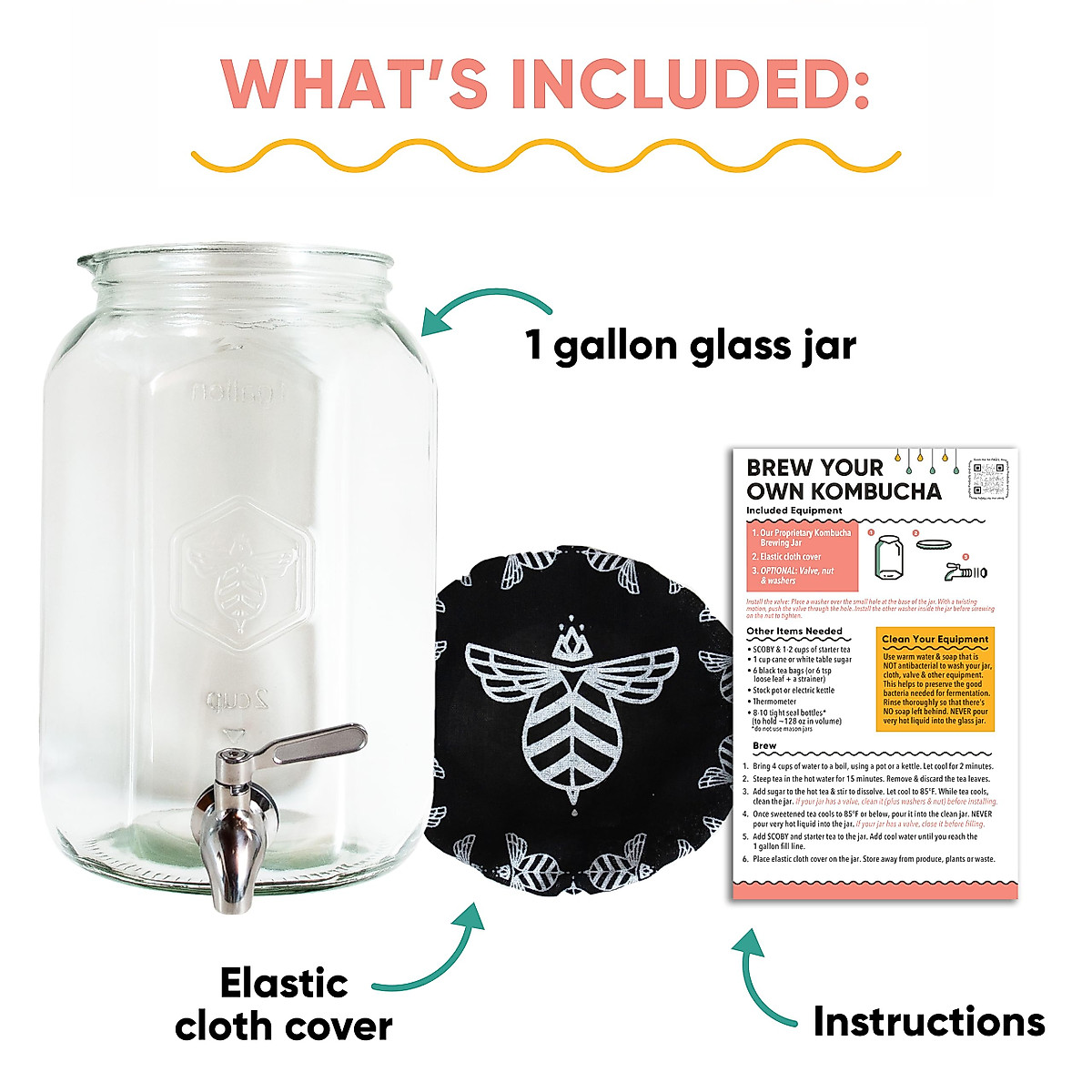 Craft A Brew - Kombucha Jar with Dispensing Valve - For Kombucha Fermentation - Includes Custom Cloth Cover- Proprietary Design