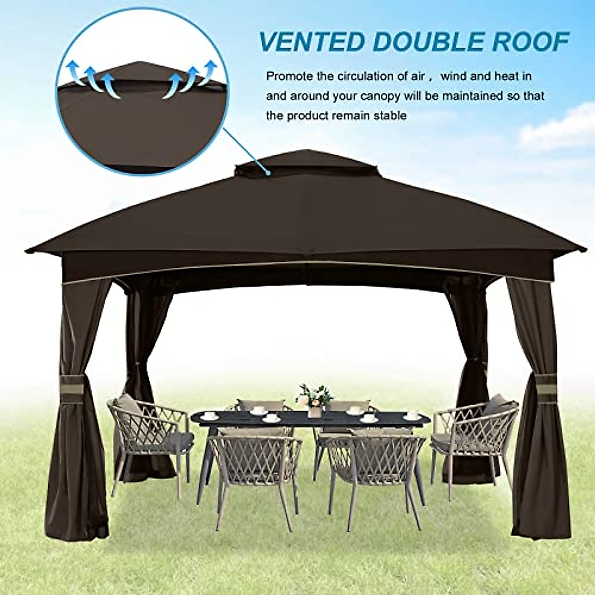 MASTERCANOPY Outdoor Patio Gazebo for Garden with Upgrade Steel Frame and Netting Walls (10x10,Brown)