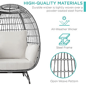 Best Choice Products Wicker Egg Chair, Oversized Indoor Outdoor Lounger for Patio, Backyard, Living Room w/ 4 Cushions, Steel Frame, 440lb Capacity - Gray/White Sand