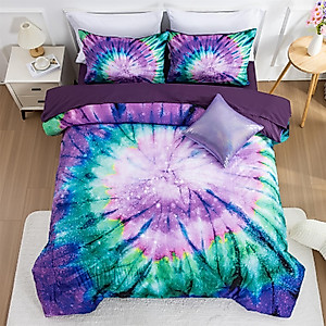 A Nice Night 6Pcs Bed in a Bag Bedding Set Tie Dye Galaxy Children Comforter Set, Psychedelic Swirl Pattern Colorful Boho, BoysGirls Quilt Sets,Purple,Full