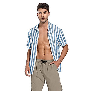 NmglhNm Mens Striped Summer Shirts Short Sleeve Casual Button Down Stylish Tropical Beach Shirts LightBlue 3X-Large