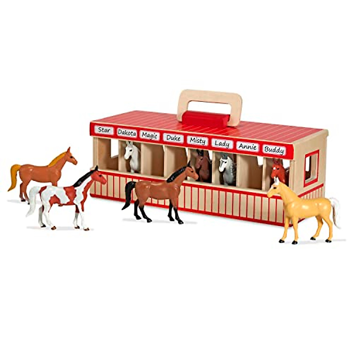 Melissa & Doug Take-Along Show-Horse Stable With Wooden Box and 8 Toy, Barn Play Set, Portable, Toys For Kids Ages 3+