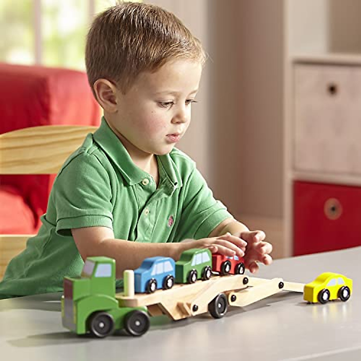 Melissa &amp; Doug Car Carrier Truck and Cars Wooden Toy Set With 1 Truck and 4 Cars - Wooden Cars, Vehicle Toys, Push And Go Wooden Trucks For Toddlers And Kids Ages 3+
